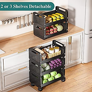 FSLGWRK 4 Tier Rolling Cart, Stackable Metal Kitchen Storage Cart with Wheels, Black