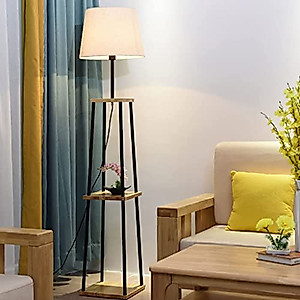 Energy Saving Tall Lamp Creative Floor Lamp 2 Shelves Solid Wood Bookshelf Light with Remote Standing Lamps Rustic Floor Light Bedroom Pole Lamp Stable