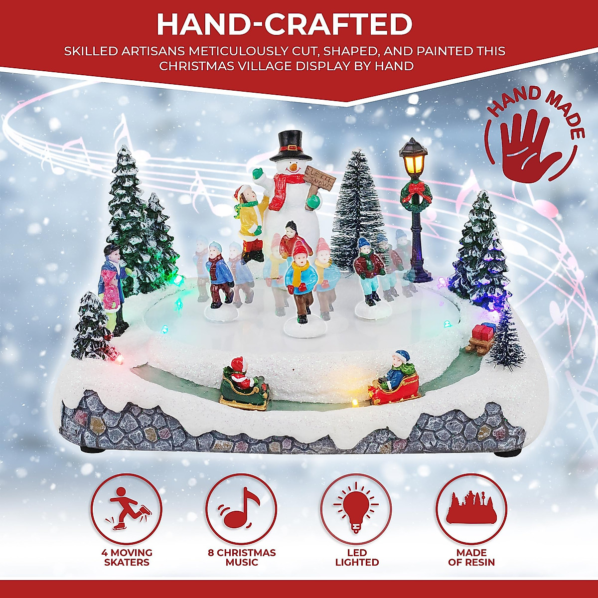 Animated Christmas Village Skating Pond - Lighted Musical Snow Scene with 4 Moving Skaters, Adapter, Battery Slot
