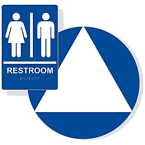 ComplianceSigns.com Unisex Restroom Sign Set for California Title 24 and ADA Braille, 2 Pieces for Wall and Door, 12 in. White on Blue Acrylic
