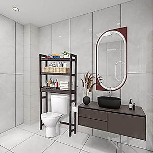 TINKLE WELL Bamboo Over The Toilet Storage, 3-Tier Bathroom Organizer Rack with Adjustable Bottom Bar, Space Saver, Natural, 64.2'' x 24.8'' x 10.2''