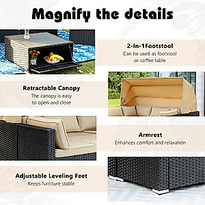 TITIMO 6 Pieces Patio Furniture Set Outdoor Conversation Set Daybed with Retractable Canopy Patio Sectional Rattan Sofa Set W/Adjustable Backrest and Table for Poolside (Brown)