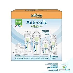 Dr. Brown's Natural Flow® Anti-Colic Options+™ Wide-Neck Bottle Essentials Gift Set with Breast-Like Nipple,100% Silicone HappyPaci™ Pacifier and Baby Bottle Travel Caps