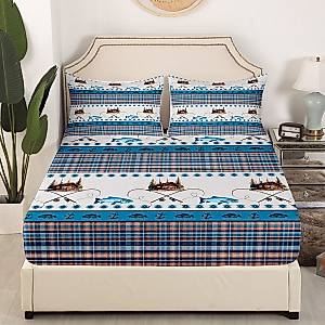 jejeloiu Fish Sheets with Deep Pocket Fitted Sheet Fish Hook Fishing Theme Sheet Set for Boys Girls Children Sea Animal Buffalo Check Blue Bed Sheets Set Room Decor Full Size with 2 Pillow Case