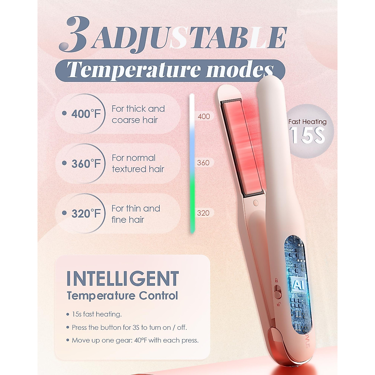 NOVUS Cordless Hair Straightener, for Fine Soft Hair/Short Hair, Portable Ceramic Hair Straightener and Curler 2 in 1, USB Rechargeable Cordless Flat Iron, Mini Size Straightener for Travel