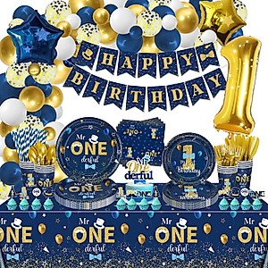 232 PCS Mr Onederful Birthday Decorations - Blue Gold Birthday Plates, Napkins, Cups, Balloons, Birthday Banner, Cake Topper and Tablecloth for Baby Shower 1st Birthday Boy Decorations, Serve 20