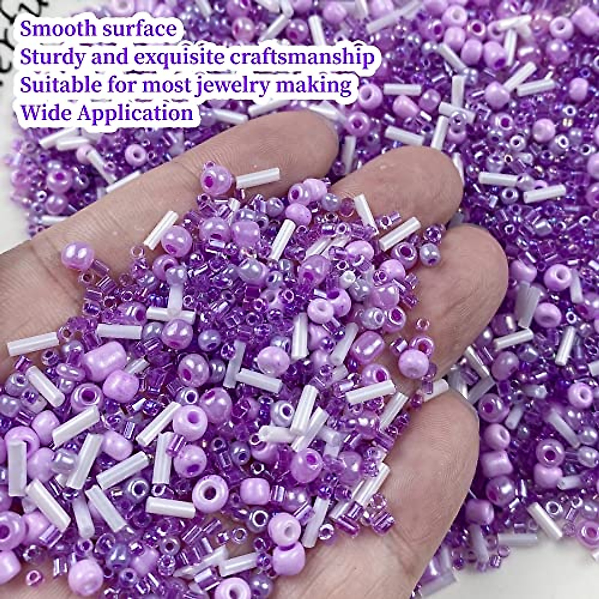 90g Mix Glass Seed Beads Tube Beads Bugle Beads,3000pcs Glass Bulk Spacer Beads Multi Size 1.5-4.5mm Glass Beads Kit for Jewelry Making DIY Craft Bracelets Necklace Earring Making (Purple Series)