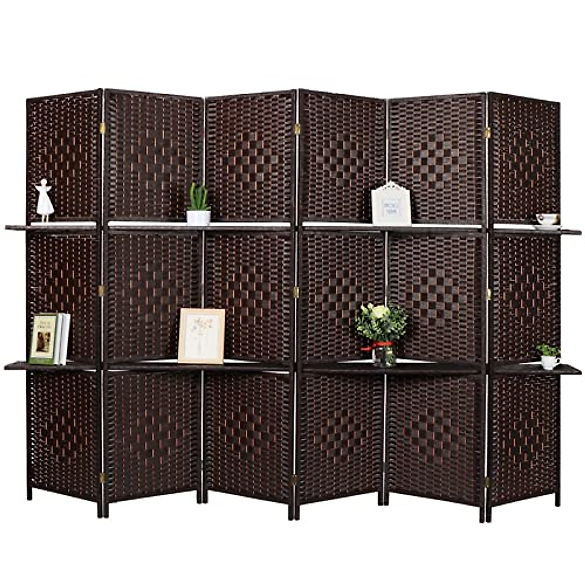 Maxhonor 6 Panels Room Divider, 6 FT Tall&Extra Wide Weave Fiber Room Divider with 2 Shelved, Double Hinged,Folding Privacy Screens, Freestanding Room Dividers (Coffee)