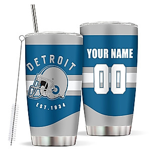 Custom Detroit Tumbler 20oz Stainless Steel with Lid & Straw Personalized Football Fans Gifts for Women Men Coffee Travel Insulated Mug Cup Add Name Number