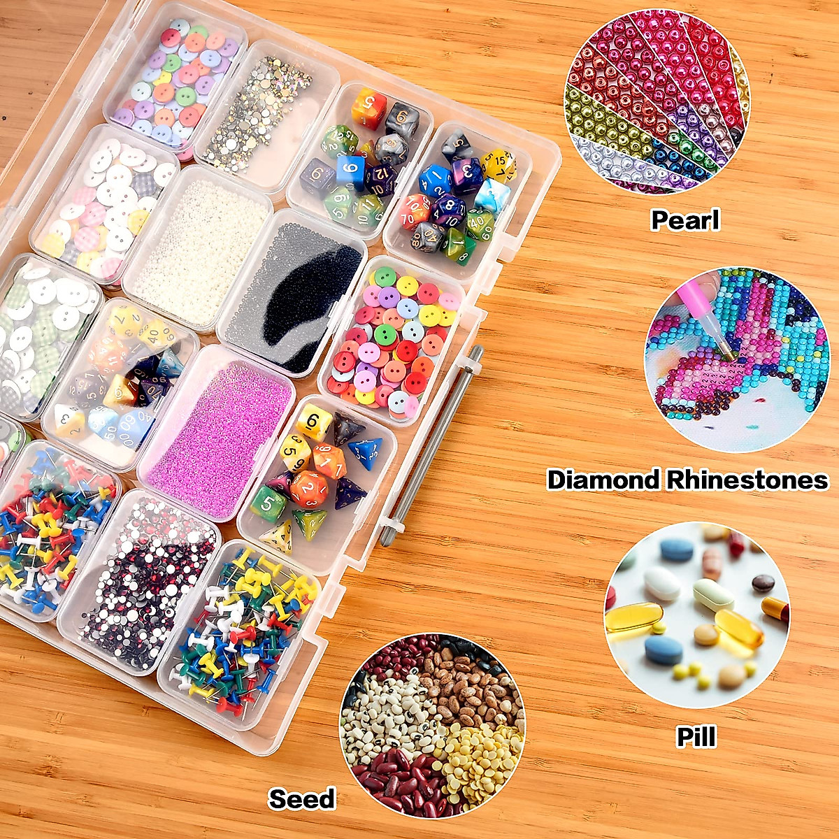 Diamond Painting Storage Containers, Diamonds Art Accessories Kit Tools Case for 5D Art Embroidery, 16 Jewelry Bead Organizer Storage Jars for DIY Gem, Nail Craft & Glitter Rhinestones-Box Only