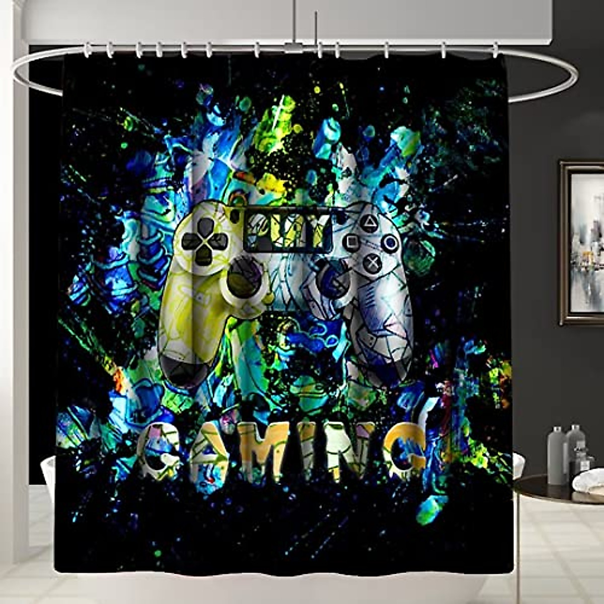 kodhyvj 4 PCS Gaming Bathroom Sets for Boys Game Shower Curtain Set with Curtain,Rug,Toilet Cover and U Shaped Mat Video Gamer Bathroom Decor with 12 Hooks