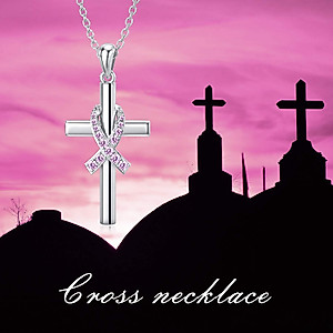 LEECCI 925 Sterling Silver Breast Cancer Awareness Necklace Cross Pendant Necklace Pink Ribbon Necklace Breast Cancer Survivor Gifts for Women