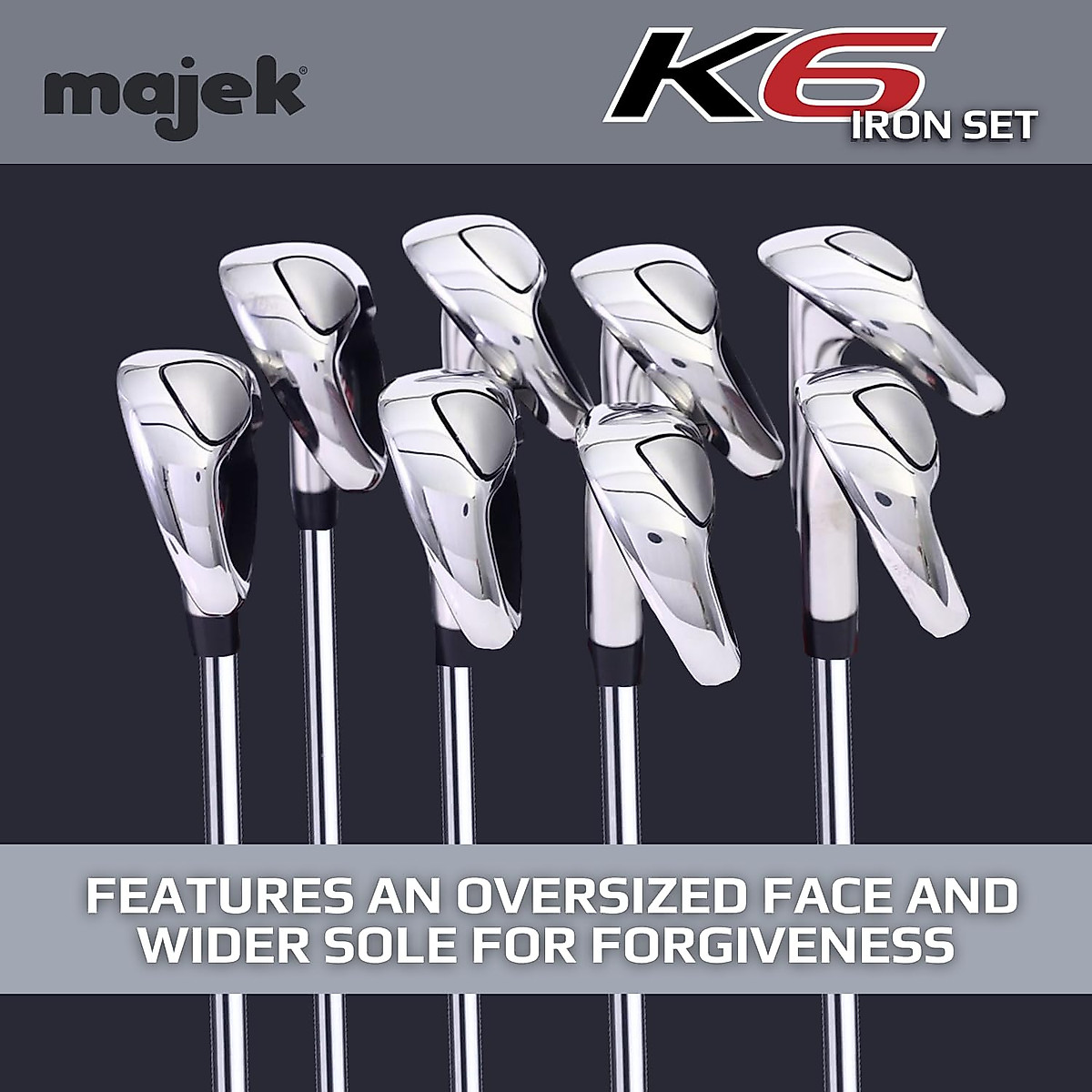 Majek K6 Iron Set +1 inch Over Big & Tall Men's 8-Piece Set (4-PW, SW) Right Handed Steel Shaft Regular Flex R Flex Club (Tall 6'0"+ / +1" Over) with Midsize Black Pro Velvet Grips
