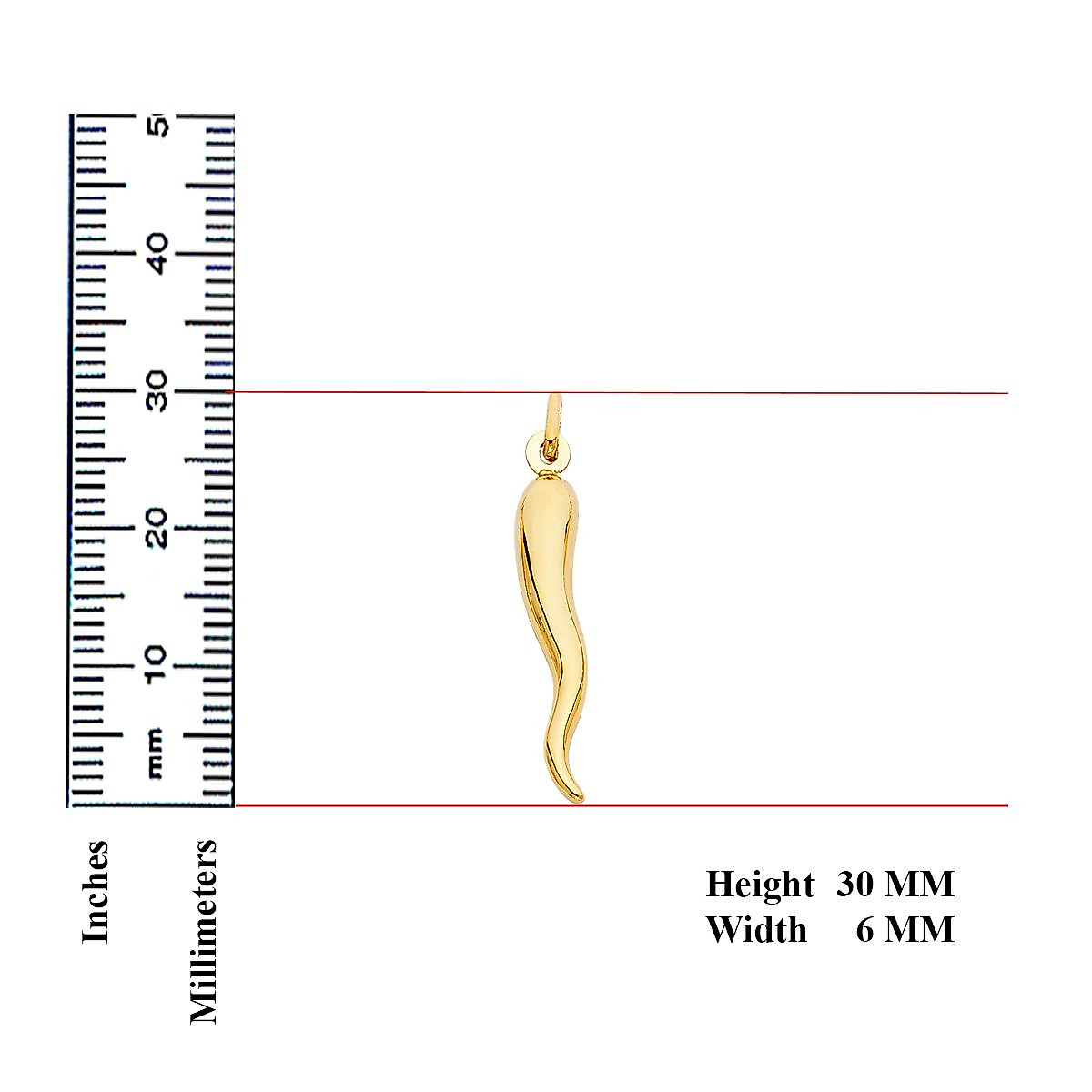 TGDJ 14k Yellow Gold Cornicello Italian Horn Charm Pendant - Height 30 MM Width 6 MM