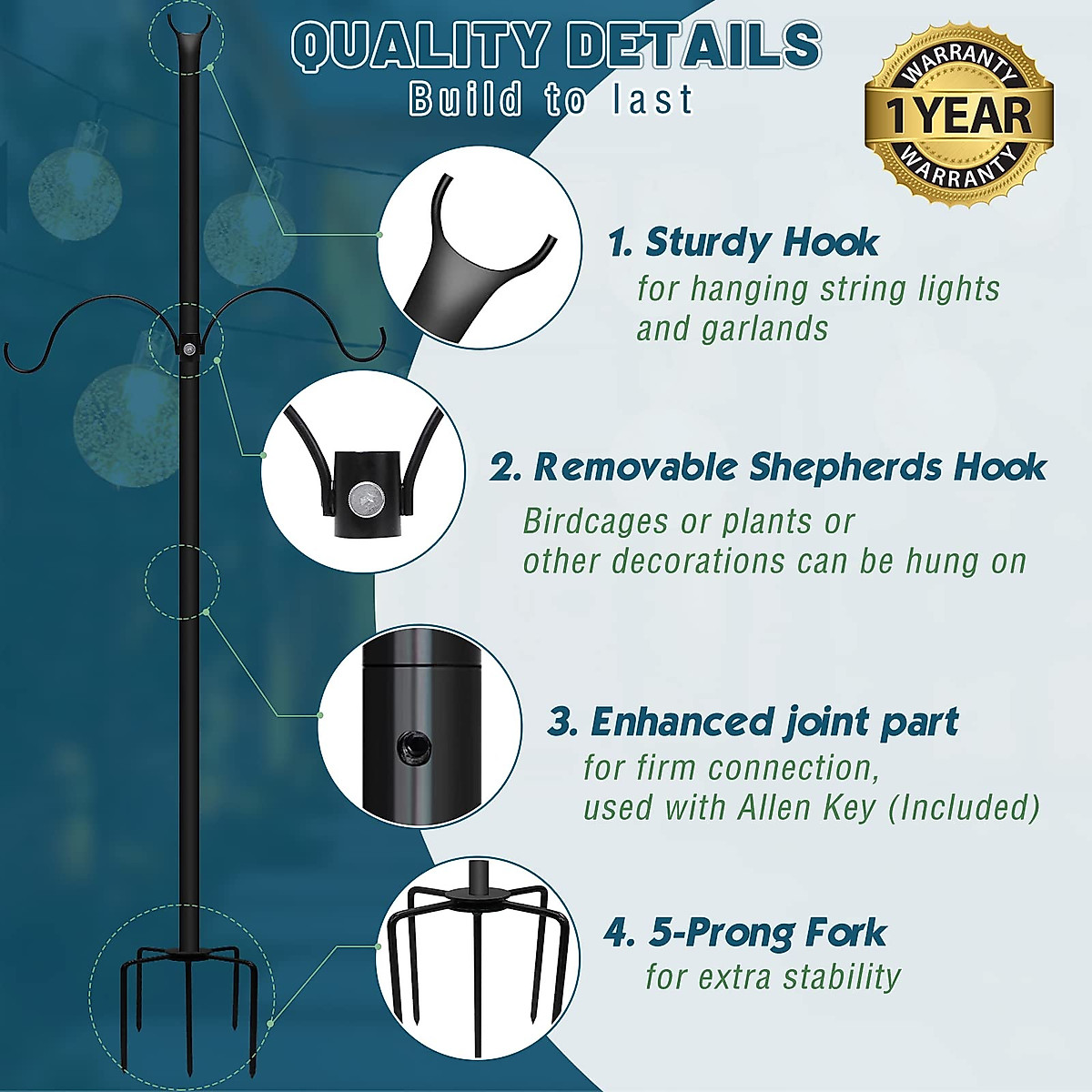 Slsy String Light Poles Stand for Outside, 5 Prong Fork Backyard Outdoor Lights Pole, Poles Stand for Patio, Garden, Christmas, Yard. (9 FT x 30 mm)