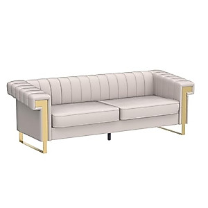 SLEERWAY Beige Velvet Couch Sofa, 84 Wide Mid-Century Modern Love Seat Tufted Chesterfield Velvet Sofa Loveseat Futon with Curved Arm Gold Leg, 3 Seat Large Comfy Couches Sofas for Livingroom (Beige)