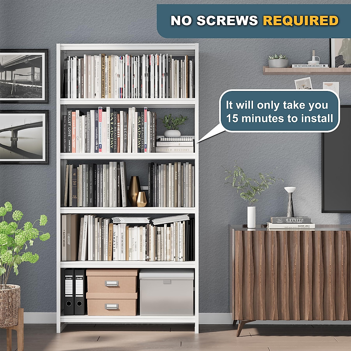 ZONLESON Bookshelf,5 Tier Bookshelves,69" Tall White Bookcase Shelf Storage Organizer,Free Standing Storage Shelving Unit for Home Office,Library White Bookshelf Metal Bookcase