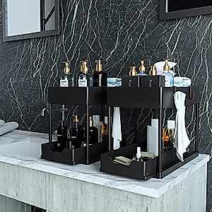 Sifxouped Under Sink Organizers and Storage, Two Tier Pull Out Cabinet Organizer with Hooks, 2 Pcs Under Sink Cabinet Basket with Sliding Drawers, Kitchen Bathroom, Black