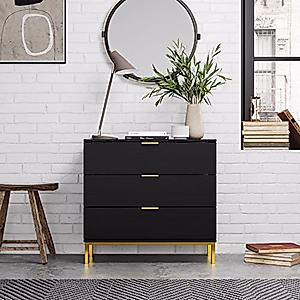 DiDuGo Black and Gold Nightstands Set of 2 Bedside Table 3 Drawer Dresser, Large Nightstand with Gold Metal Legs for Bedroom (31.5”w x 15.7”D x 29.7”H)