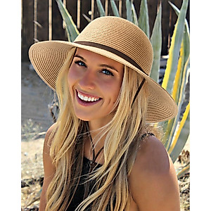 FURTALK Womens Wide Brim Sun Hat with Wind Lanyard UPF Summer Straw Sun Hats for Women A-Khaki