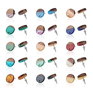 FASHEWELRY 15 Pairs Resin Wood Earrings Posts Flat Round Wooden Earring Blanks Stud Wooden Earring Pin Studs with Earring Back for Dangle Earring Jewelry Making