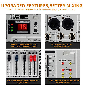 SENWOSI 6-Channel All-metal panel Audio Mixer, BT USB PC Recording Input, 16 DSP Effects, Stereo Equalizer,48V Power Supply,4 Mono 2 Stereo Input, Studio Or Live (MX-6)