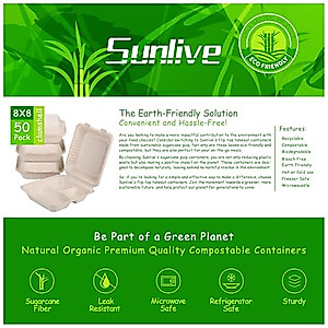 Sunlive 100% Home Compostable 50 Pack Disposable Clamshell Take Out Food Containers, 8X8'' 3-Compartment to go Containers, Biodegradable Heavy-Duty to go Boxes, Made of Sugarcane Fibers
