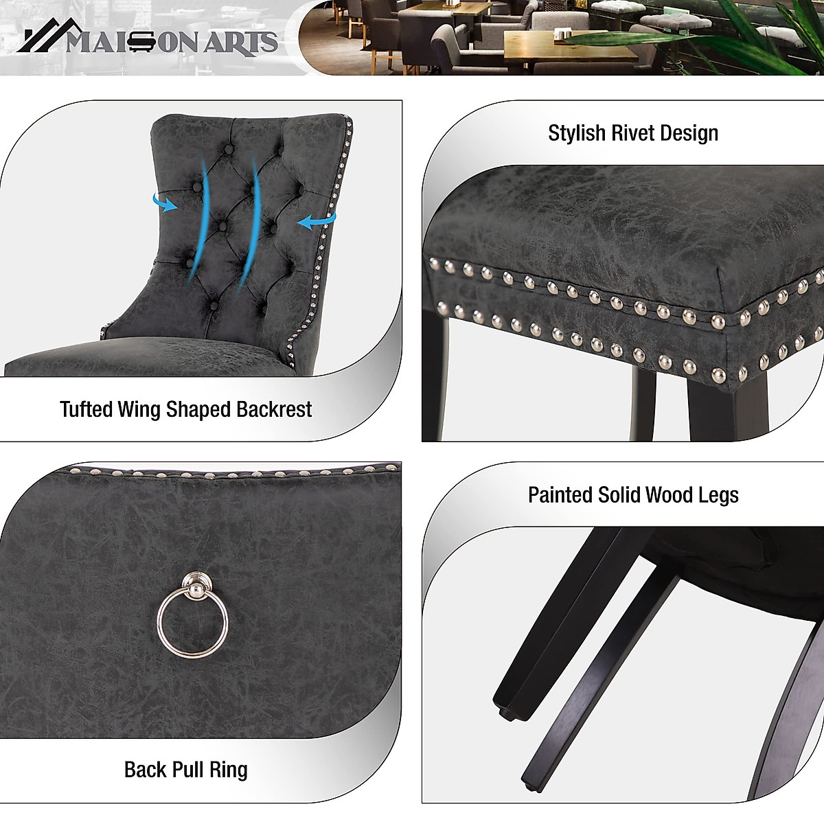 MAISON ARTS Faux Leather Dining Chairs Set of 6, Upholstered Tufted Dining Room Chair with Pull Ring Trim & Button Back Modern Diner Chairs Solid Wood Legs for Kitchen Dining Room, Black