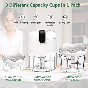 Pogeair White 3 CUP Cordless Mini Food Chopper,Small Food Processor for Garlic,Nut,Meat(100+250+350ML)