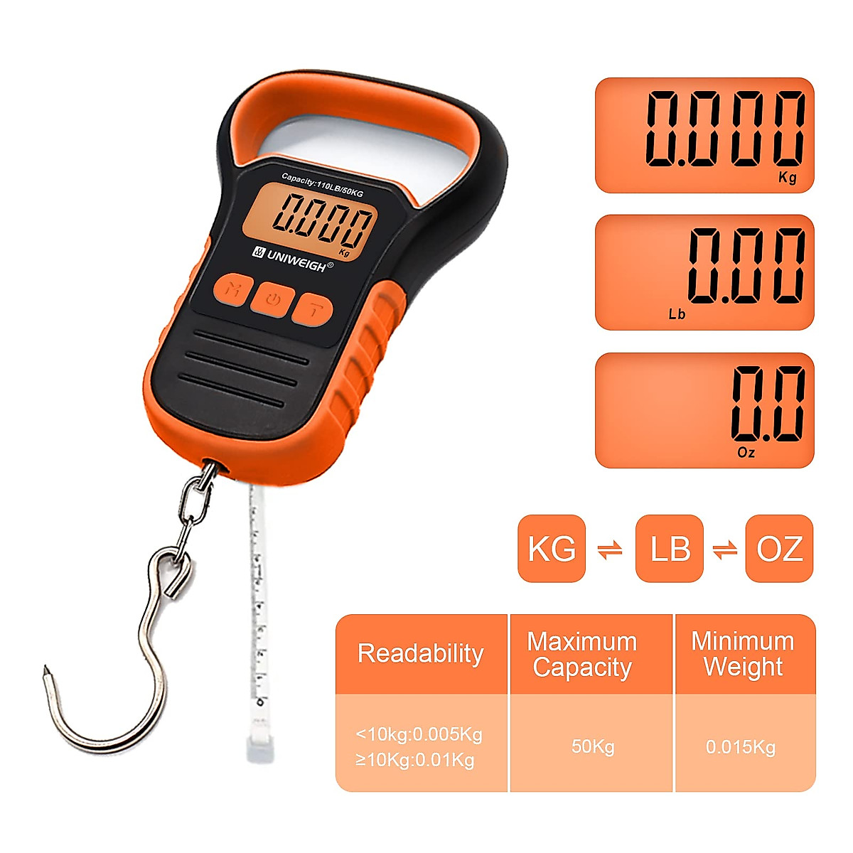 UNIWEIGH Digital Fishing Scale with Lip Gripper,Tape and Ruler,110lb/50kg Postal Hanging Luggage Scale with Hook，Waterproof Handing Scale for Home and Outdoor(Orange)