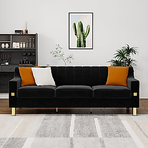 HenleneCoco 2 PCS Black Velvet Sofa Sets with 5 Pillows for Living Room Furniture, Modern Mid Century Tufted Classic Couches Set (1 PC Loveseat & 1 PC 3 Seater Couch)