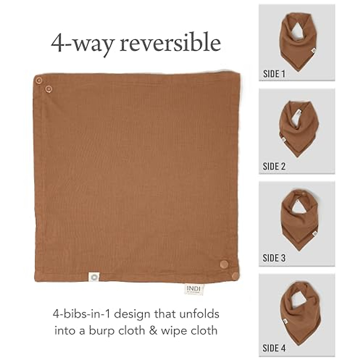 Indi Bandana Bibs for Boys & Girls, GOTS Certified Organic Bibs, 4-Way Reversible Baby Drool Bibs, 100% Organic Cotton Muslin Bibs 5-Pk