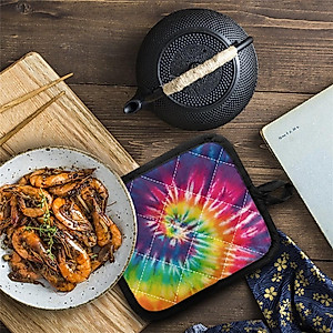 BIGCARJOB Set of 2 Pack Kitchen Oven Gloves Pot Pads with Rainbow Tie Dye Printed Oven Mit Set Womens Girls BBQ Gloves Pot Mats Potholders for Kitchen Baking Cooking