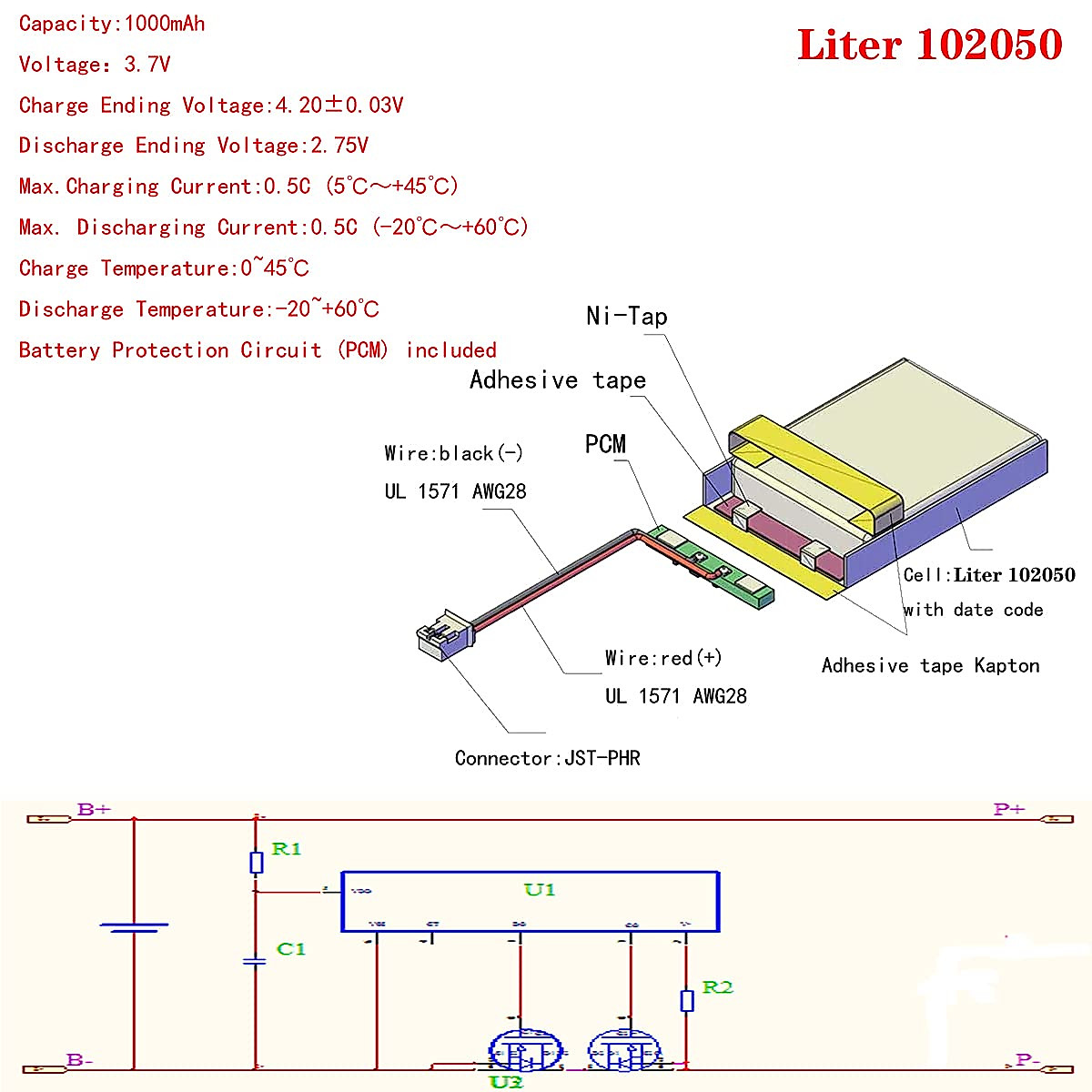 Liter energybattery 3.7V Lipo Battery 1000mAh Rechargeable Lithium ion Polymer Battery 102050 Lithium Polymer ion Battery with JST Connector