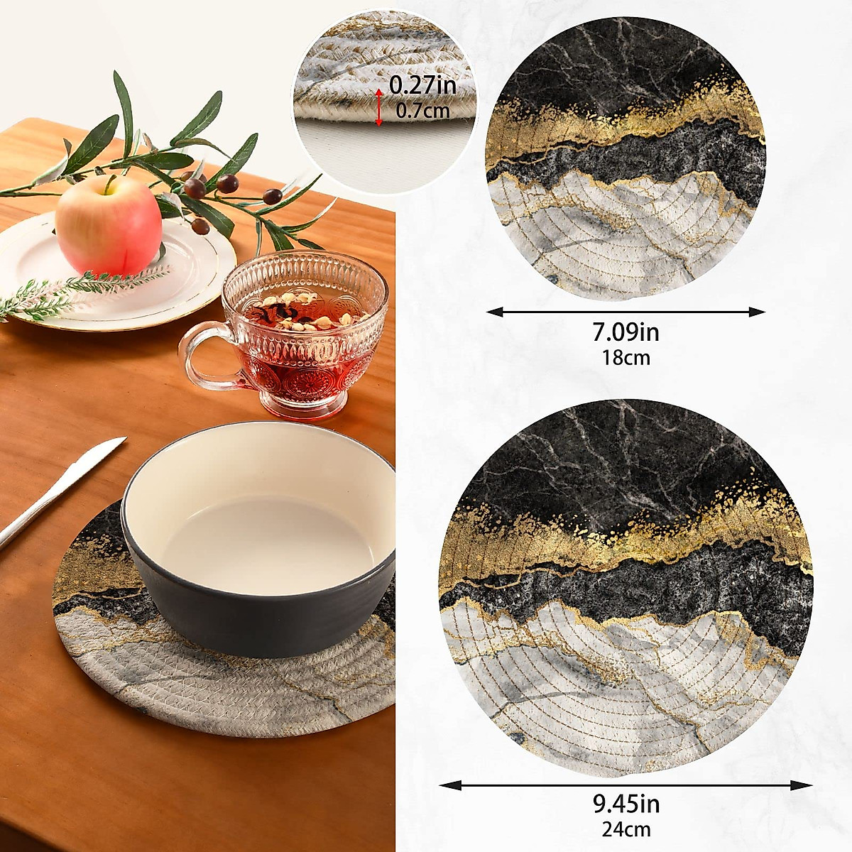Kitchen Pot Holders Set Round Cotton Potholders Hot Pads, Hot Mats Gold Black Marble for Hot Dishes Pot Bowl Teapot
