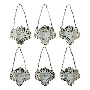 Treasure Gurus Silver Engraved Fancy Floral Decanter Labels Liquor Bottle Label Tag Set/6 Tags