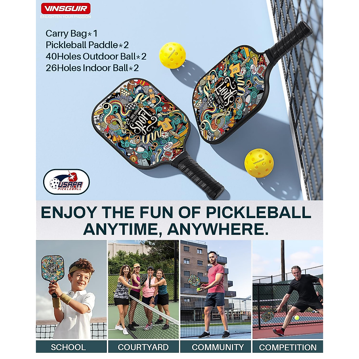 VINSGUIR Pickleball Paddles Set, USAPA Approved Pickle Ball Paddle Set of 2 with 4 Pickleball Balls and Bag, Pickleball Rackets Gifts for Women Men Beginners