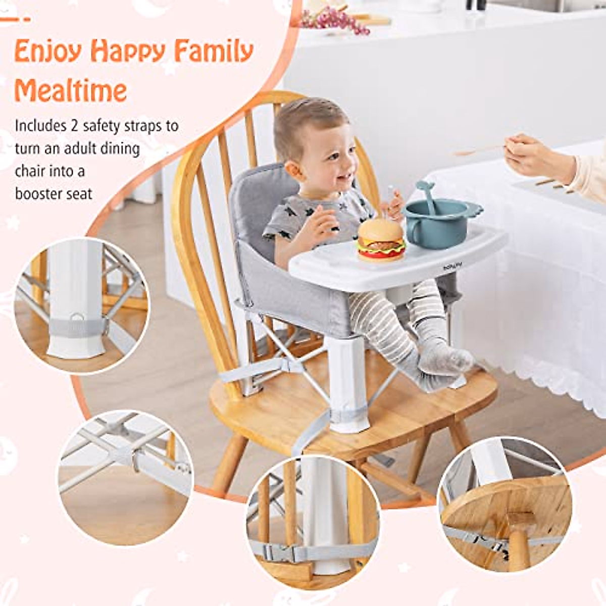 BABY JOY Travel Booster Seat with Double Tray, Folding Portable High Chair Booster Seat for Dining Table, Indoor/Outdoor Use, Camping, Beach, Lawn, Compact Baby Seat with Straps & Carrying Bag