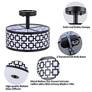Sheenkarion Black Semi Flush Mount Ceiling Light,Modern Ceiling Drum Lighting Fixtures with Round Metal and Glass Shade for Bedroom Hallway Kitchen Dining Living Room Foyer Entry