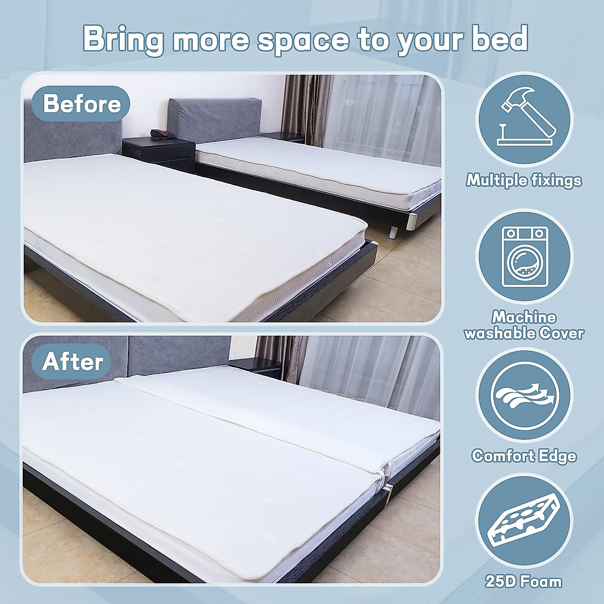 Siumir Twin to King Bed Converter Kit with Strap, 12'' Extra Wide Bed Bridge, Detachable and Machine-Washable Cover/Multiple Fixings/One-Piece Foam, Bed Connector for Stayover, Family Room