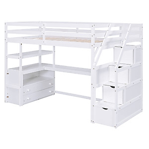 Twin Loft Bed with Stairs and Desk, Wood Loft Bed Frame with Storage Cabinet, High Loft Beds with Drawers & Shelf for Kids, Juniors, Teen, Boys, Girls, White