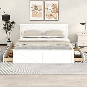 BIADNBZ King Size Wooden Platform Bed Frame with Headboard,Four Storage Drawers and Support Legs for Bedroom Guest Room,No Box Spring Needed,White