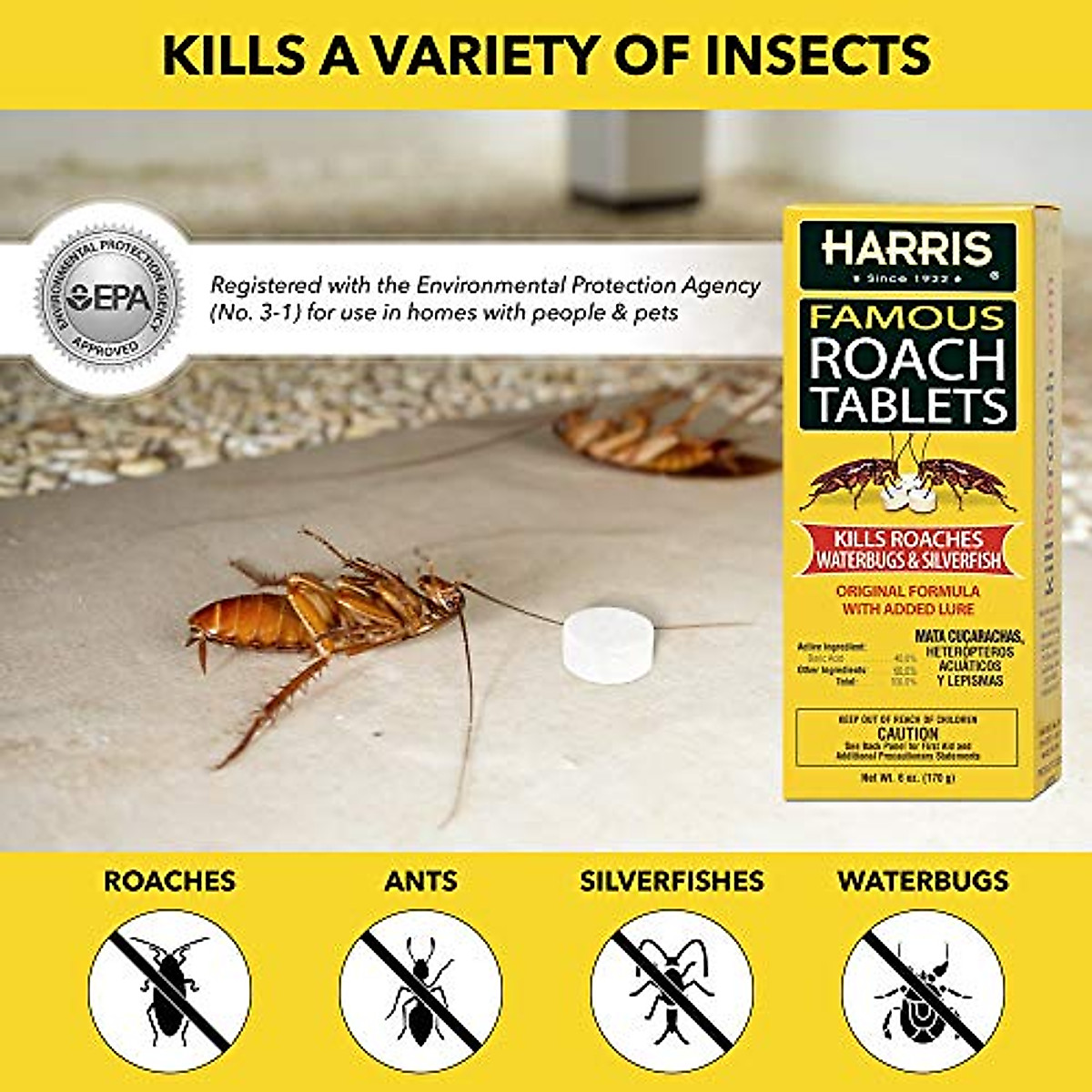 Harris Roach Tablets, Boric Acid Roach Killer with Lure, Alternative to Bait Traps (6oz, 2-Pack)
