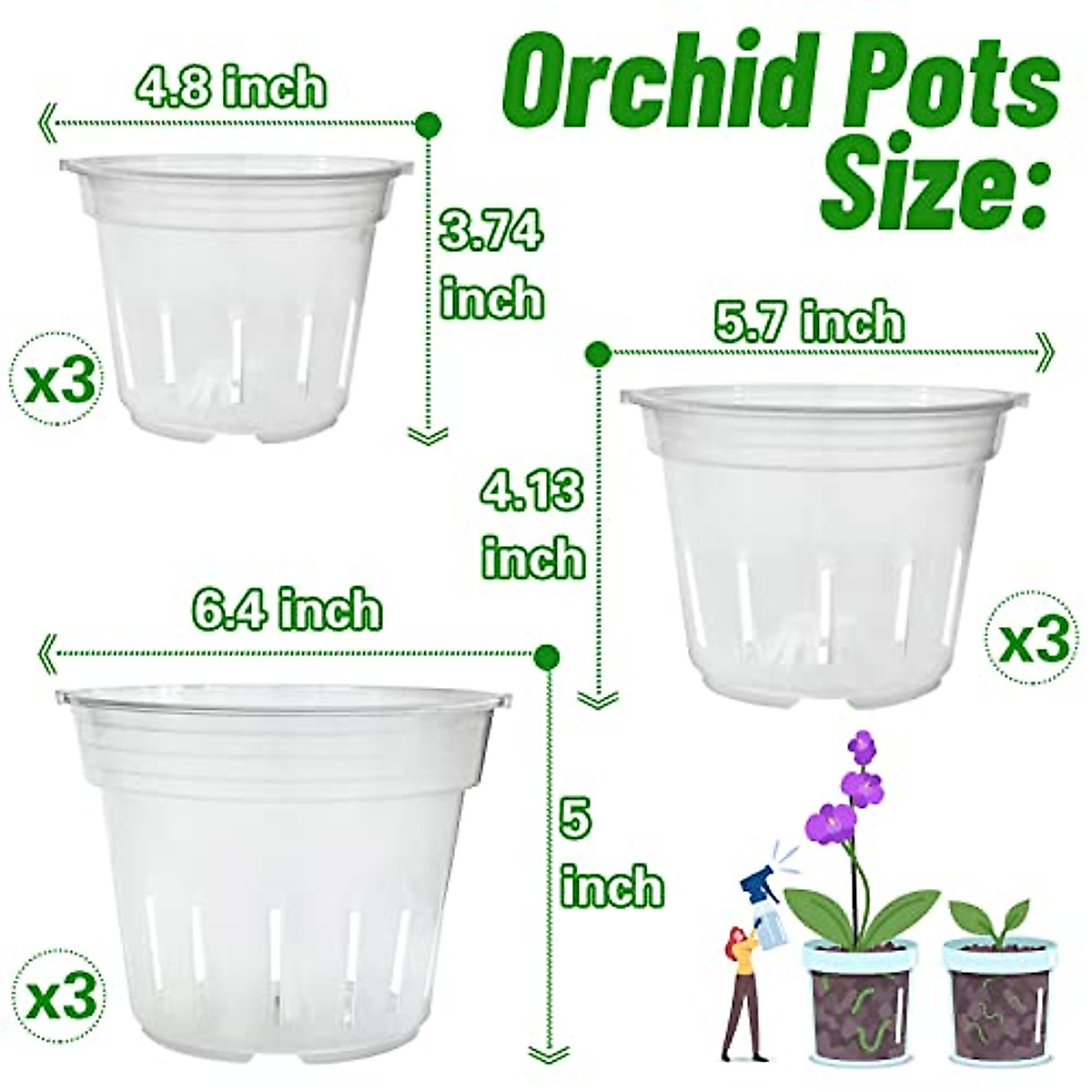 Zddaoole Orchid Pot,9 Each of 4.8,5.7 and 6.4 Inch Orchid Pots with Holes,Clear Plastic Flower Plant Pots for Repotting Indoor Outdoor,Breathable Slotted Orchids Planter