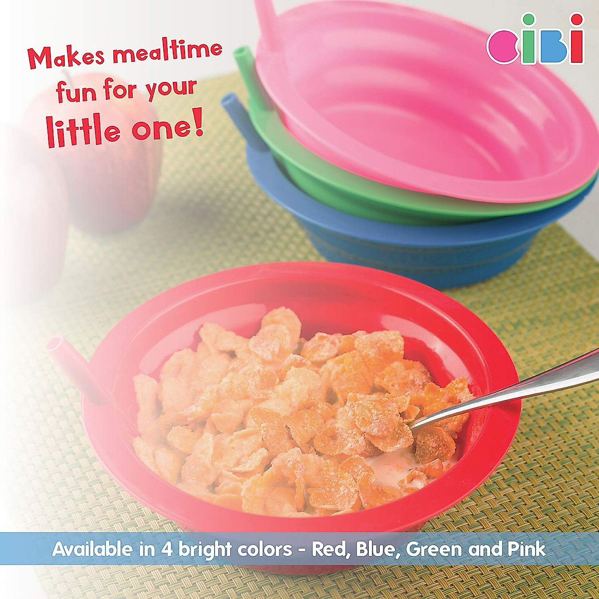 Cereal Bowls with Straws for Kids by CIBI | BPA-Free Plastic | Toddler Sip-A-Bowls with Built-In Straw for Cereal and Soup | Set of 4 Colorful Breakfast Bowls