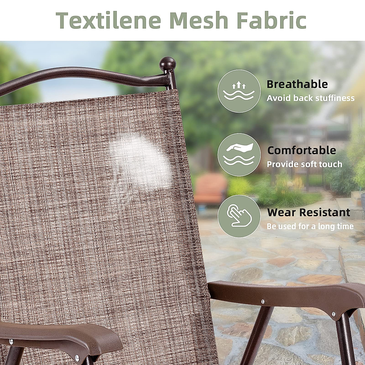 Tangkula Set of 2 Patio Folding Dining Chairs, Outdoor Sling Lawn Chairs with Armrests, Steel Frame, Portable Camping Lounge Chairs for Backyard, Deck, Poolside and Garden, No Assembly (Brown)