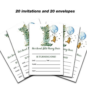 Dolimifa Greenery Winnie the Pooh 1st Birthday Invitations Fill in Style Classic Green Winnie First Birthday Invites, 20 Count With Envelopes