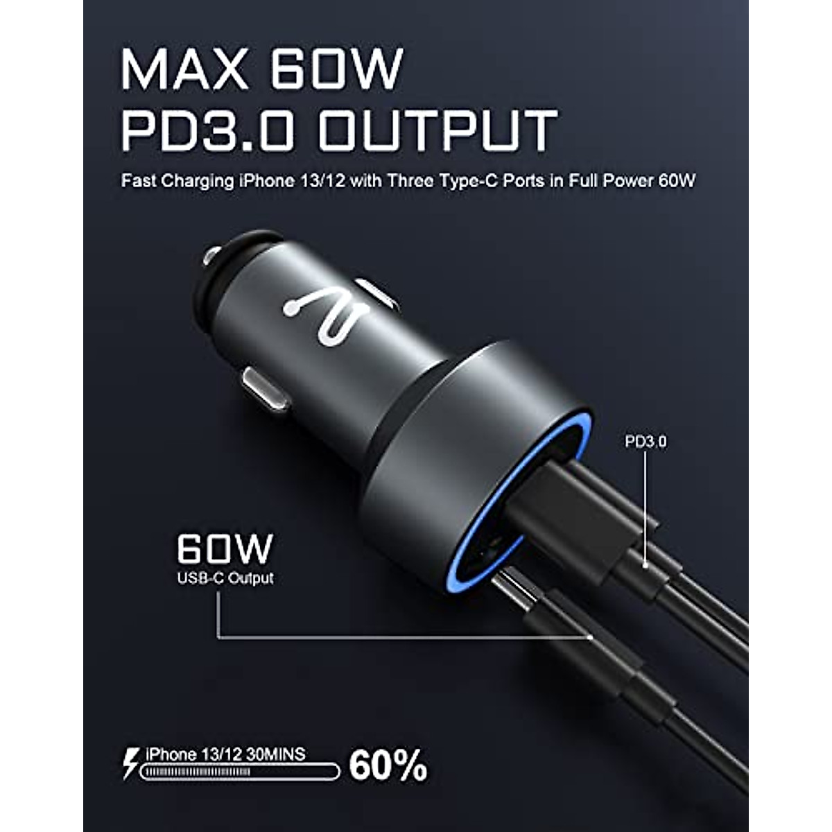 USB C Car Charger, Aergiatech 60W(20W Each) PD 3.0 Fast Car Charger Adapter 3-Port, Type C Car Charger Compatible with iPhone 13/13 Pro/12/12 Pro/11/X/SE, Galaxy S21/S20/Note20, iPad,Grey