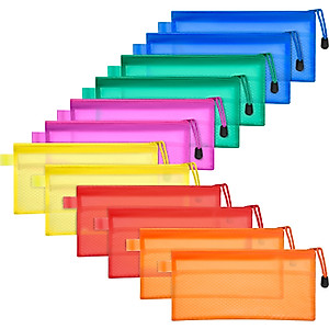 Bememo 12 Pieces 6 Colors Pencil Pouch Zipper File Bags Waterproof Plastic Double Layer for Pen Bag Cosmetics Supplies Travel Accessories