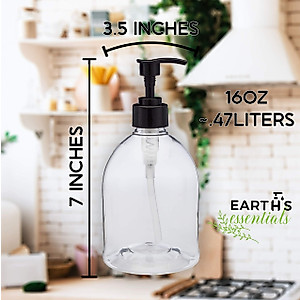 (4 Pack with Patented Screw-On Funnel) Earth's Essentials Versatile 16 Ounce PET Plastic Refillable Designer Pump Bottles. Excellent Liquid Hand Soap, Lotion, Shampoo and Massage Oil Dispensers